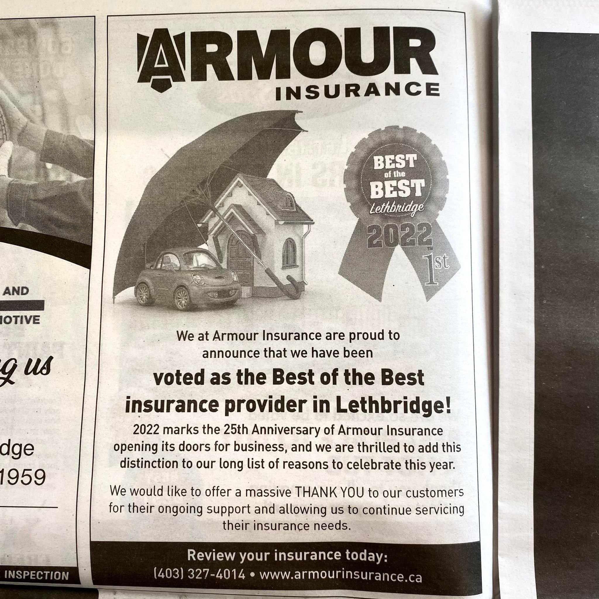 Armour Wins Best of the Best Insurance Provider in Lethbridge!